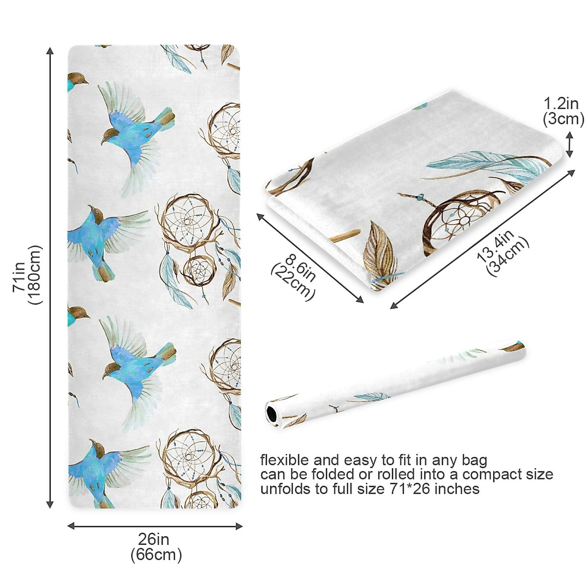 OTVEE Watercolor Dreamcatcher Birds Yoga Mat for Women Non Slip Ultra Thin 1 MM Travel Yoga Mat with Carrying Bag Suede Fitness Exercise Mat for Yoga Pilates Workout Routines Camping