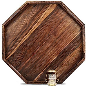 MAGIGO 24 Inches Extra Large Octagonal Black Walnut Wood Ottoman Tray with Handles, Serve Tea, Coffee Classic Wooden Decorative Serving Tray