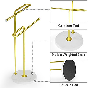 Alsonerbay Hand Towel Holder Marble, Double T Hand Towel Stand for Bathroom Counter Gold, 17" Height Free Standing Hand Towel Rack with Heavy Base for Kitchen or Vanity Countertop