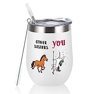 Gingprous Sister Gifts for Sister, Other Sisters You Unicorn Insulated Wine Tumbler with Lid, Unique Birthday Gifts Christmas Gifts for Elder Sister Little Sister Bestie Sister In Law Bff, 12oz, White