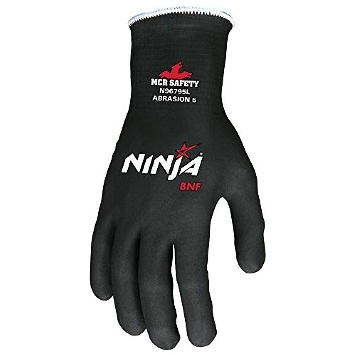 MCR Safety N96795L Ninja BNF Nitrile Gloves, ANSI Puncture 2, Abrasion 5, 15 Gauge Nylon/Spandex Shell with Full BNF Coating and Nitrile Grip Dots, 1-Pair, Large