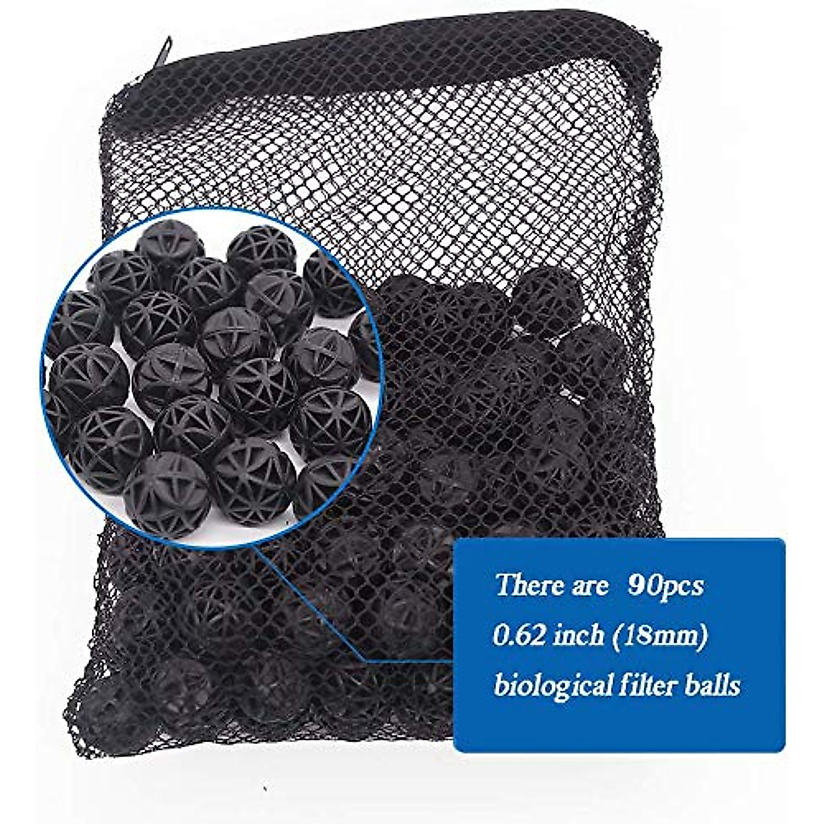 CESFONJER 90Pcs Bio Balls Filter Media with Sponge Aquarium Filter Media Tank Bio Balls, for Fish Tank, Aquarium, Pond Filter Media (18mm) + 2 Pcs Aquarium Media Filter Bag
