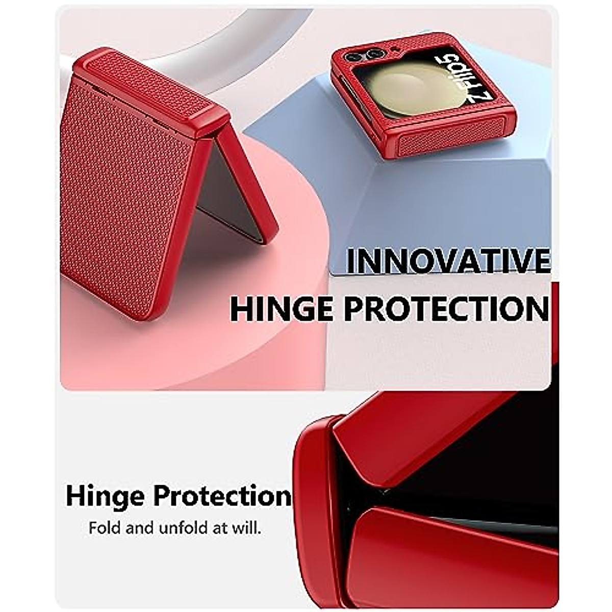 Vihibii for Samsung Galaxy Z Flip 5 Case with Hinge Protection & Back Screen Protector, Slim Fit Stylish Non-Slip Texture Shockproof Rugged Phone Cover Case for Samsung Galaxy Z Flip 5 5G 2023, Red