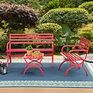 PHI VILLA Outdoor Garden Bench, 48” Long Metal Steel Bench with Backrest and Armrests, Modern Slatted Design for Patio, Lawn, Balcony, Yard, Porch and Indoor - Red