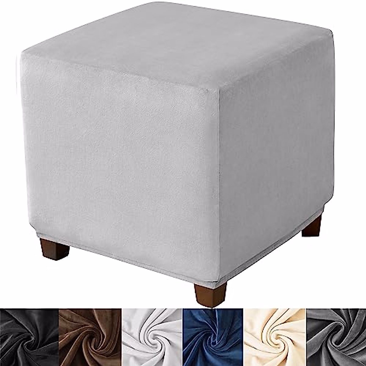 HFCNMY Ottoman Cover Square,Stretch Velvet Square Ottoman Cover Thick Ottoman Slipcover Square Washable Storage Ottoman Cover Foot Stool Cover with Elastic Bottom Light Gray Small