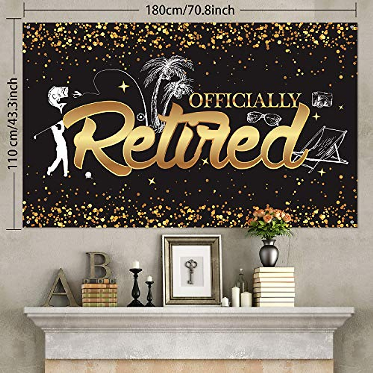 Happy Retirement Party Decorations, Giant Black and Gold Sign Retirement Party Banner Photo Booth Backdrop Background for Happy Retirement Party Supplies (Black)