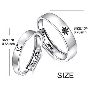 Ladytree 2PCS 925 Sterling Silver Adjustable Rings Couples Promise Engagement Rings for Him and Her Set Sun and Moon 2In1 I Love You Rings