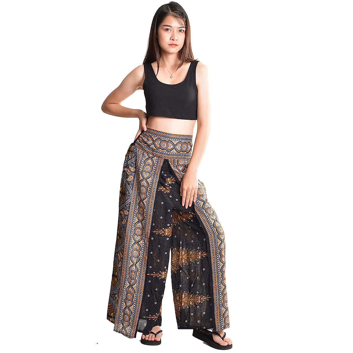 Orient Trail Womens Palazzo Wide Leg Slit Split Leg Yoga Wrap Pants Casual Beach Boho Hippie Bohimian Pilate Flowy Pilates Medium Peacock Black