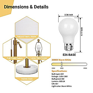 Lamp Modern Set of 2: 22" to 30" Height Adjustable Pull Chain Switch for Living Room Bedroom End Table, Marble Base White Linen Shade Golden Pole Nightstand Lamp Brass for Office, Bedside Table