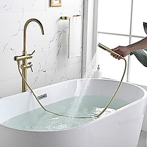 AYIVG Bathroom Brass Floor Mount Free Standing Bathtub Faucet Shower System Set (Brushed Gold)