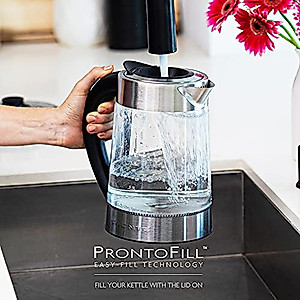 OVENTE Glass Electric Kettle Hot Water Boiler 1.7 Liter ProntoFill Tech Portable Kettle w/ Set Temperature Control, 1500W Keep Warm BPA Free w/ Stainless Steel Base & Tea Maker Infuser - Silver KG733S