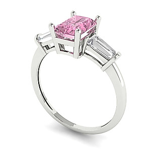 2ct Emerald cut 3 stone Solitaire Pink Simulated Diamond Designer Anniversary Bridal Engagement Ring 14k White Gold 4.25