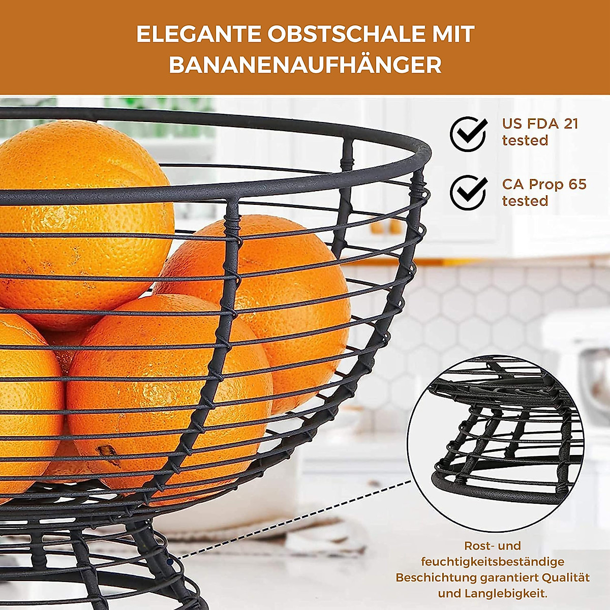 REGAL TRUNK & CO. Large Fruit Basket With Banana Hanger for Kitchen, Rustic French Farmhouse Fruit Bowl with Banana Holder Tree, Removable Banana Holder Fruit Basket, Ideal for Fruit and Vegetables