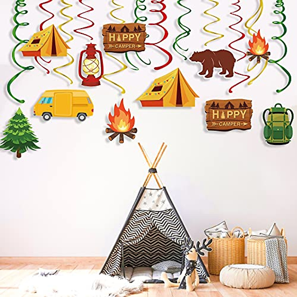 30CT Camping Hanging Swirl Party Decorations, Happy Camper Foil Swirls Camping Adventure Ceiling Streamers, Camping Theme Party Supplies Birthday Decoration for Kids Adults Baby Shower