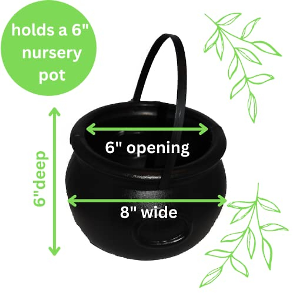 Black Plastic Planter, Antique, Cast Iron Looking Cauldron Kettle Flower Pot 8" with Handle, Early American Style