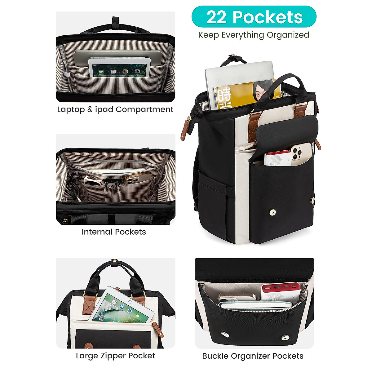 LOVEVOOK 17 Inch Laptop Backpack For Women Work Large Travel Backpack Purse, Nurse Bag College Backpack, Teacher Doctor Business Laptop Bag, Waterproof Wide Open Computer Back pack, Black-Beige-Brown