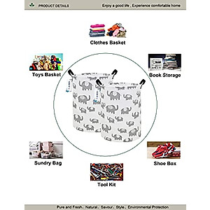 ONOEV 2 Pack Round Fabric Storage Bin,Decorative Basket,Organizer Basket with Handles,for Clothes Storage,books and sundries (2 Pack grey elephant)