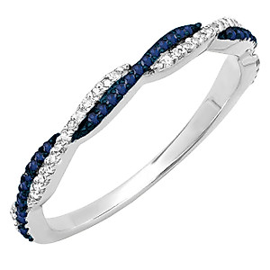 Dazzlingrock Collection Round Blue Sapphire & White Diamond Swirl Stackable Ring for Women in 14K Solid White Gold, Size 6.5