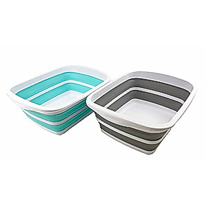 SAMMART 10L (2.6 Gallon) Set of 2 Collapsible Tub-Foldable Dish Tub-Portable Washing Basin-Space Saving Plastic Washtub (Grey + Sage Green)