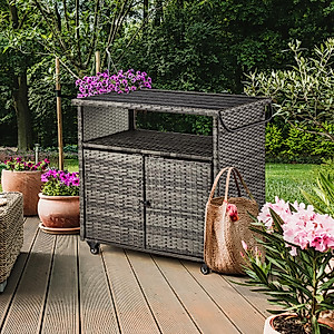 Danrelax Outdoor Storage Cabinet, Patio Storage Box with Handles, Waterproof Liner and 4 Universal Wheels, Fade-resistant PE Rattan Storage Box for Cushions, Gardening Tools, Outdoor Deck Box, Gray