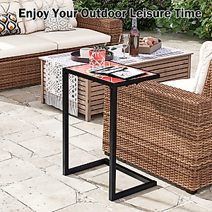 Tangkula C-Shaped Outdoor Side Table, Patio Snack Table w/Ceramic Top & Anti-Rust Metal Frame, Small End Table for Couch, Sofa & Bed, Outdoor & Indoor Accent Table for Living Room, Poolside, Balcony