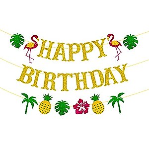 Saliyaa Tropical Happy Birthday Banner,Gold Glitter Hawaiian Luau Birthday Sign,Final Flamingo Pineapple Palm Leaf Coconut Tree Hibiscus Flower Banner for Summer Birthday Party Decorations Supplies