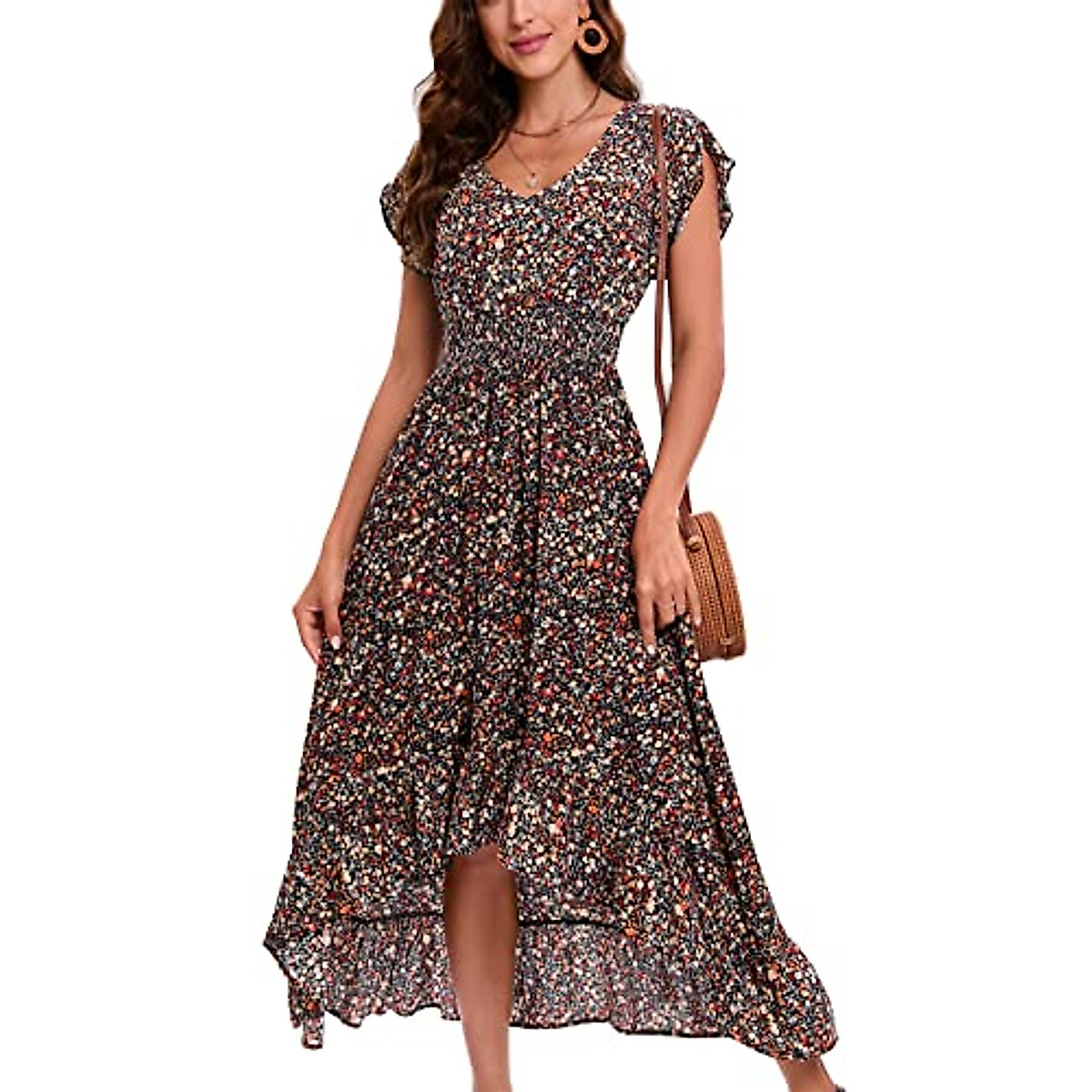 HALCYEEN Floral Printed Wrap Butterfly Sleeve V-Neck Summer Dresses Lace Up High Low Beach Party Midi Dress