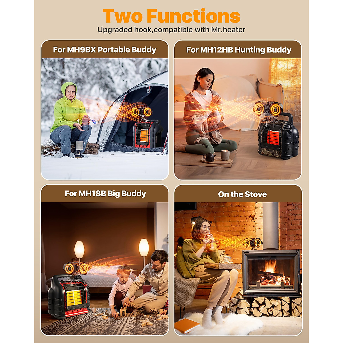 Wood Stove Fan for Buddy Heater, 8 Blades Heat Powered Fan,Dual Motor Heater Fan with Bracket Compatible for Propane Heater, Thermal Eco Fan for Gas Wood Burner Stove Tent Camping Accessories