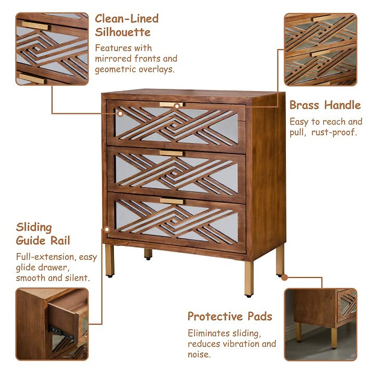 COZAYH 3-Drawer Accent Dresser with Mirror Fronts, Modern Farmhouse Accent Chest Clean-Lined Silhouette