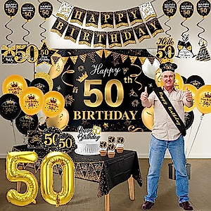 GREPARPY Happy 50th Birthday Decorations For Men - Black & Gold Fifty Birthday Party Supplies, Backdrop, Banner, Swirl, Photo Prop, Crown, Plate, Napkin, Topper, Tablecloth, Sash, Balloon