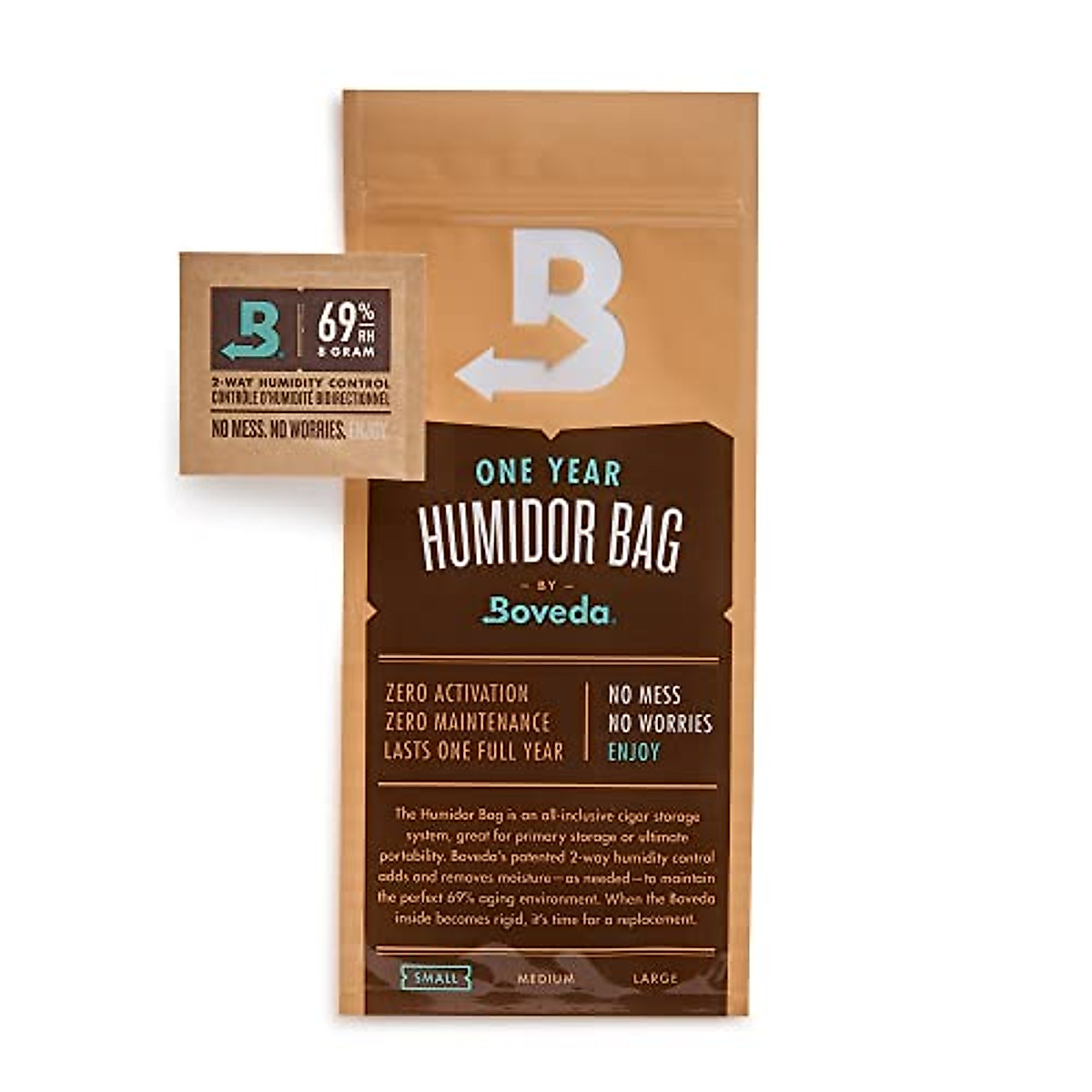 Boveda Portable Travel 2-Way Humidity Resealable Bag – Waterproof & Dustproof - Preloaded with 69% RH Pack - Patented Technology – 1 Count (Small)