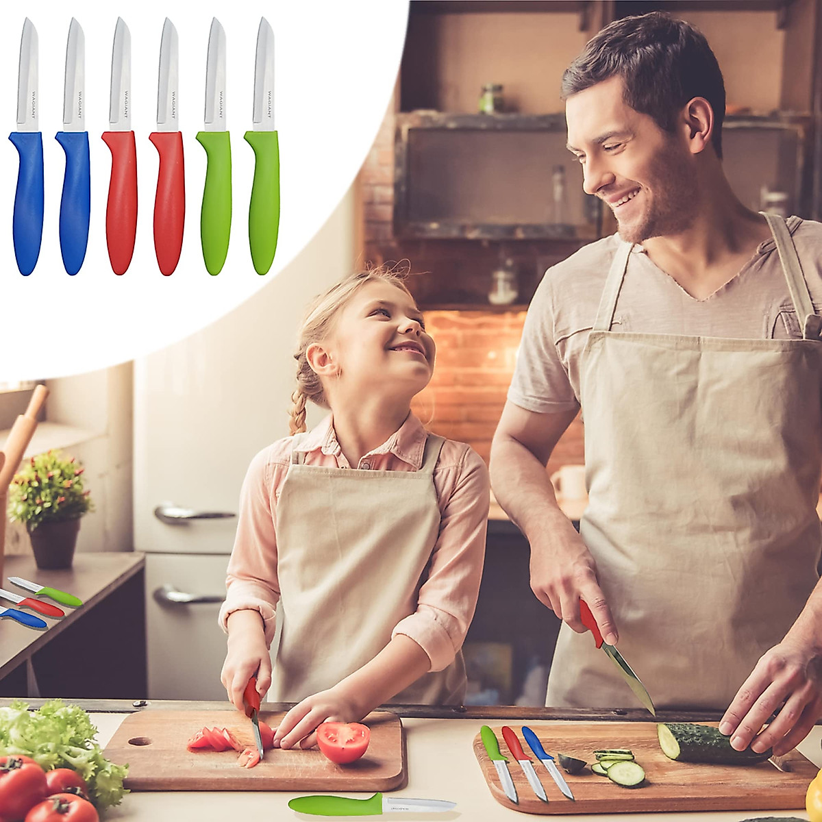 Paring Knife set of 6 PCS, 3.5 Inch Stainless Steel Fruit and Vegetable Knives,Comfortable Handle With Multi-Color Red/Green/Blue