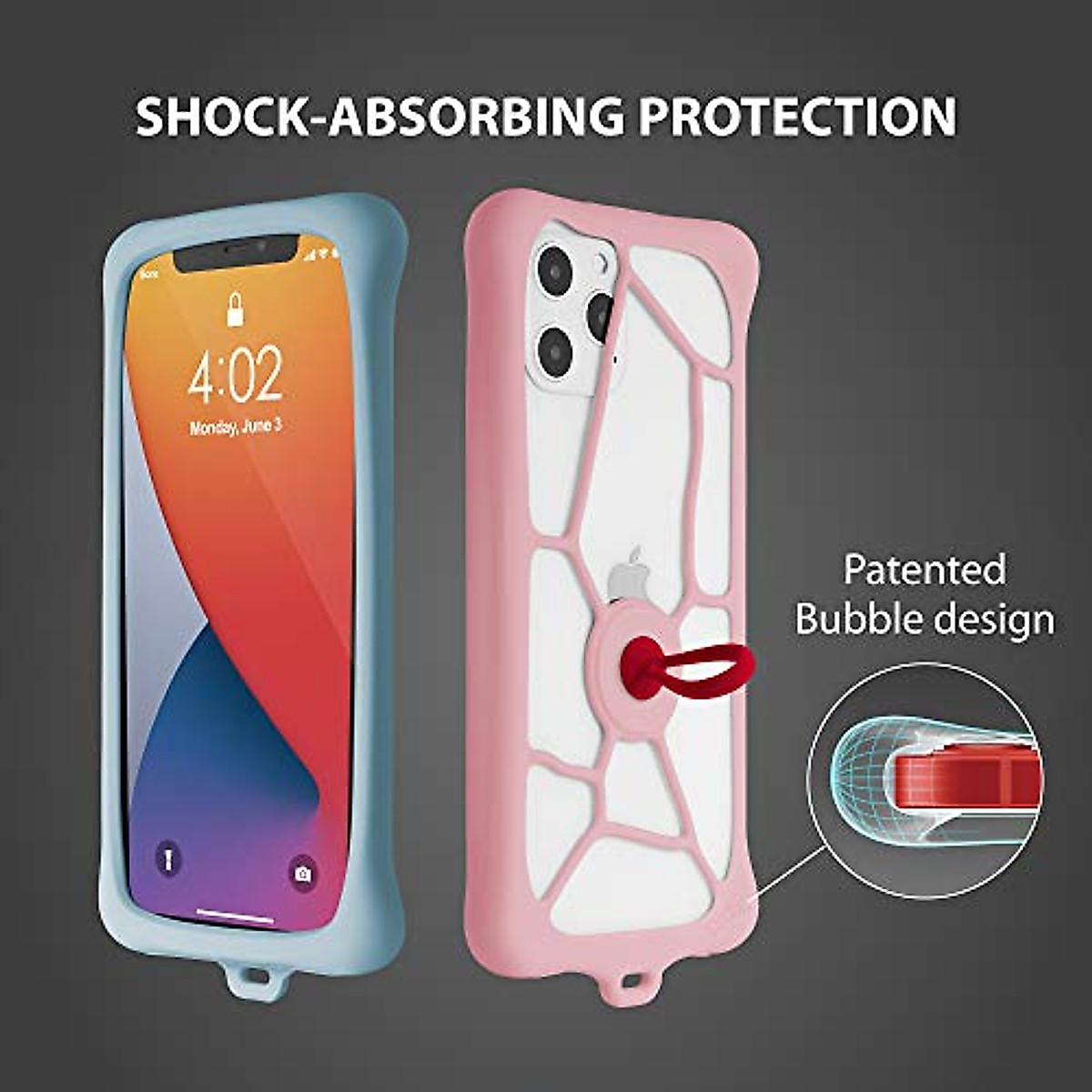Bone】 Lanyard Phone Bubble Tie 2, Universal Phone Anti-Shock Bumper Case, Adjustable Neck Strap w/Phone Ring Holder for Apple iPhone 12, Samsung Galaxy, Google Pixel, Fits Phones Size 6.1-7.2"- Red