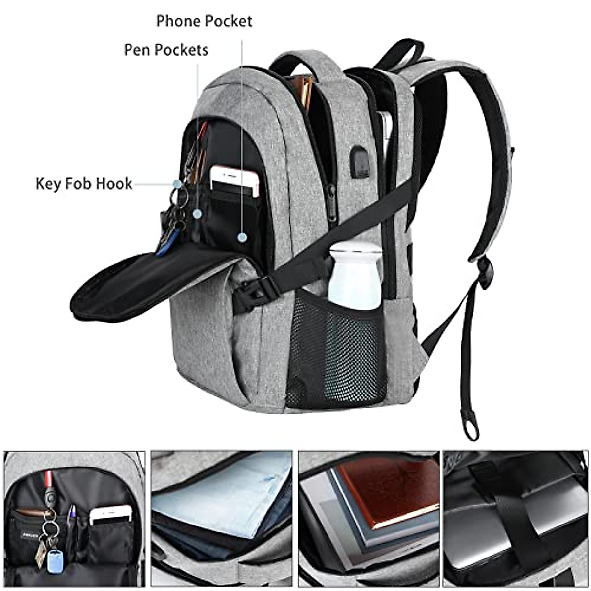 ANKUER Backpacks for Men Women, Backpack Fits Up 15.6 in Laptop Backpack for Travel, Backpacks with USB Charging Port, Work Business Backpack for Women (Grey)