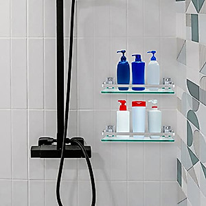 Sanbege 2-Pack Tempered Glass Bathroom Shelf with Rail, 15" x 4.5" Rectangular Shower Caddy, Wall Mounted Floating Shampoo Holder for Lavatory, Kitchen, Living Room