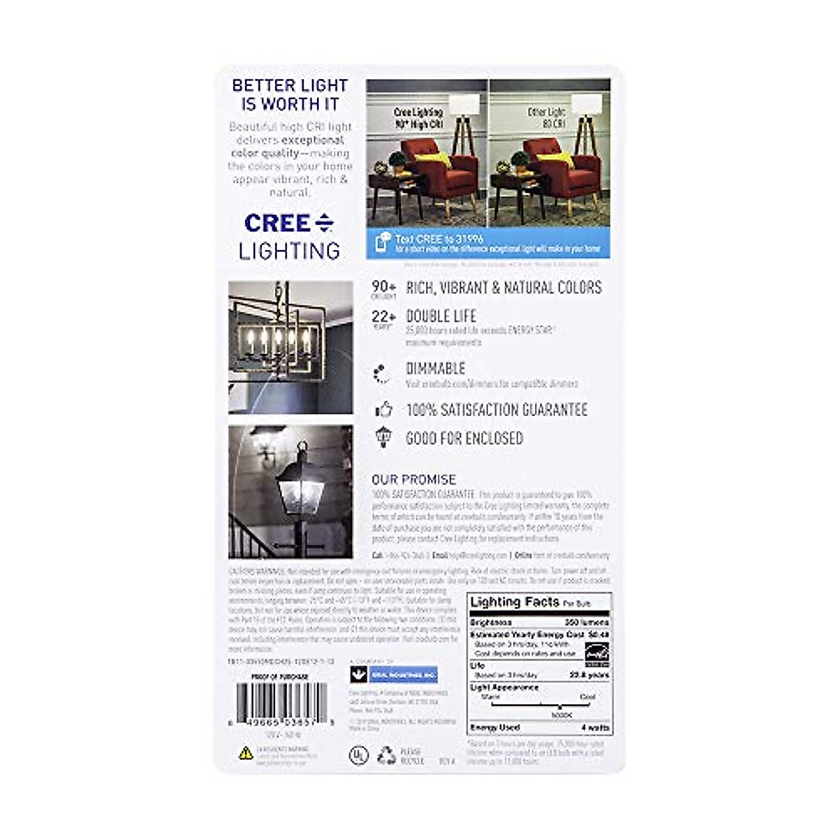 Cree Lighting B11 Clear Glass Filament Candelabra 75W Equivalent LED Bulb, 700 lumens, Dimmable, Daylight 5000K, 25,000 Hour Rated Life, 90+ CRI, Good for Enclosed | 2-Pack