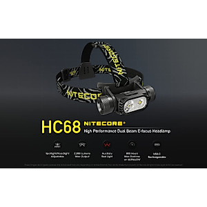 Nitecore HC68 Focusable Headlamp, 2000 Lumen USB-C Rechargeable with Battery, White and Red Light and LumenTac Organizer
