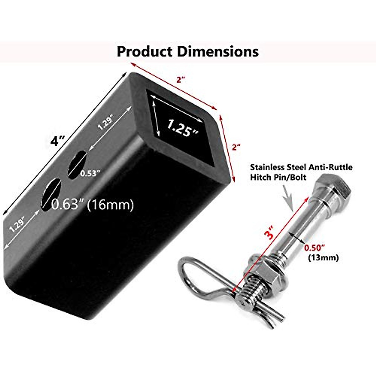 LFPartS from 2" to 1-1/4" Metal Trailer Receiver Hitch Adapter Converter for and Cargo Carriers from 2 inches to 1.25 inches with Anti-Rattle No Wobble Stainless Steel Hitch Pin Bolt Kit