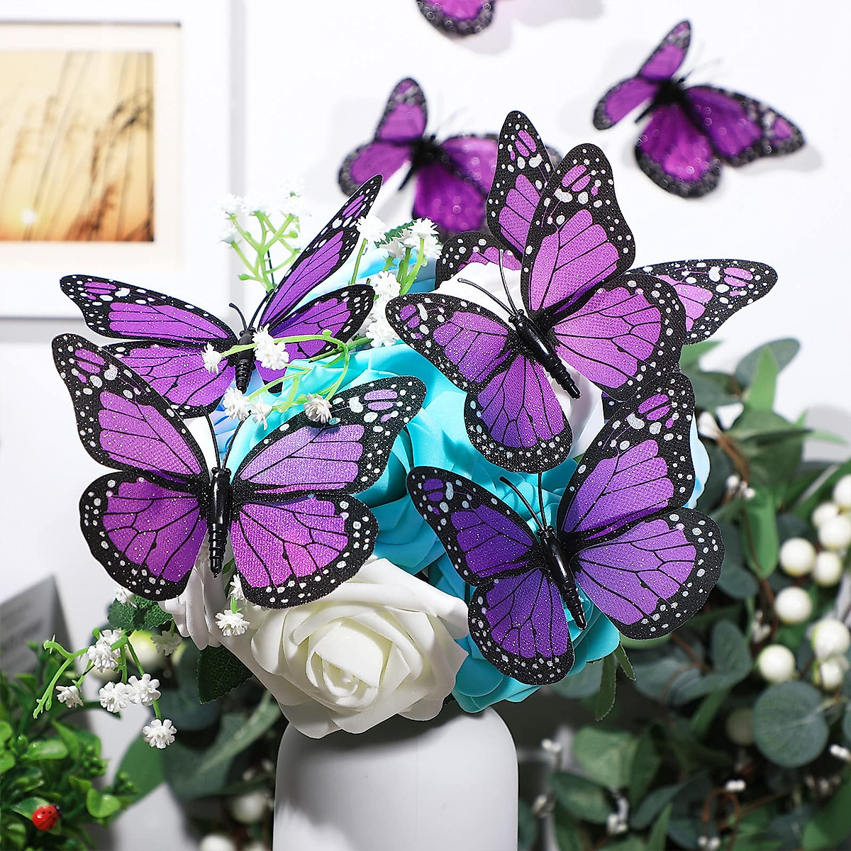 Monarch Butterfly Decorations Halloween Butterfly Wall Decor 4.7 inch Orange Artificial Fake Butterflies for Crafts 3D Magnet for Home Wall Wedding Bedroom (Purple, 24 Pieces)