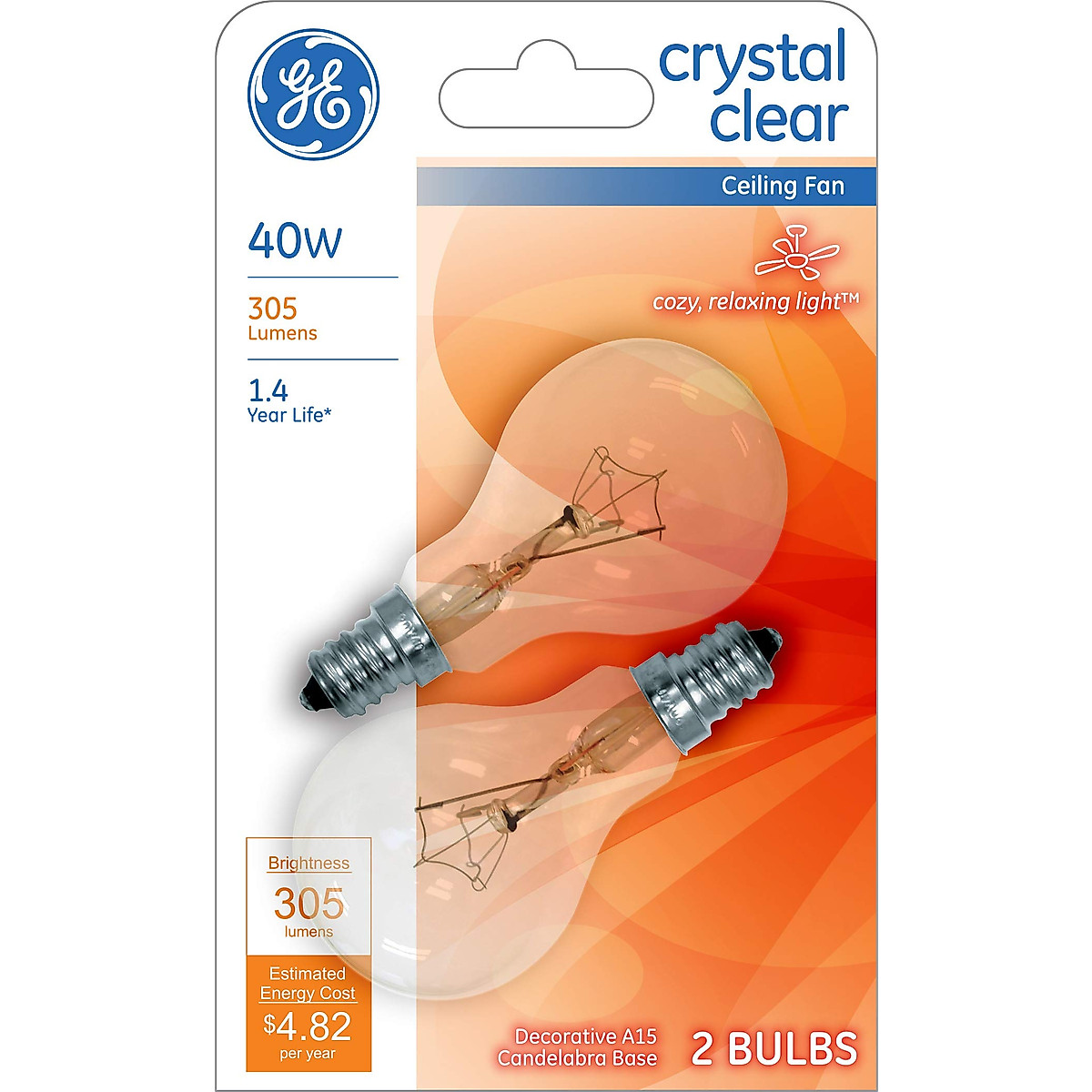 GE Lighting Decorative A15 Incandescent Ceiling Fan Light Bulb, 40-Watts, Crystal Clear, 2-Pack