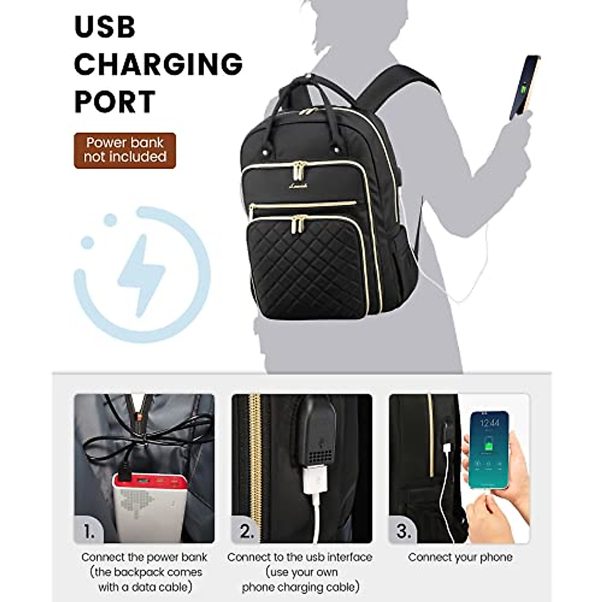 LOVEVOOK Laptop Backpack for Women, 15.6 Inch Computer Backpack for Teacher Nurse with Water Resistant, Lightweight Travel Work Backpack with USB Charging Port, Quilted Commuter Backpack purse, Black