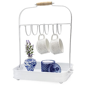 AuldHome Enamelware Coffee Mug Rack, Countertop Style White Rustic Distressed Cup Hanging Stand with Tray