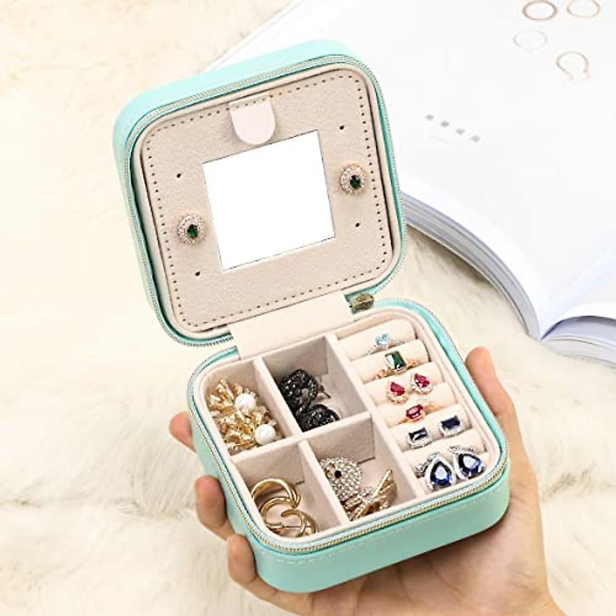 TRODANCE Jewelry Travel Case with Mirror,Small Travel Jewelry Organizer, Portable Jewelry Box Travel Mini Storage Organizer Portable Display Storage Box For Rings Earrings Necklaces Gifts (Blue)