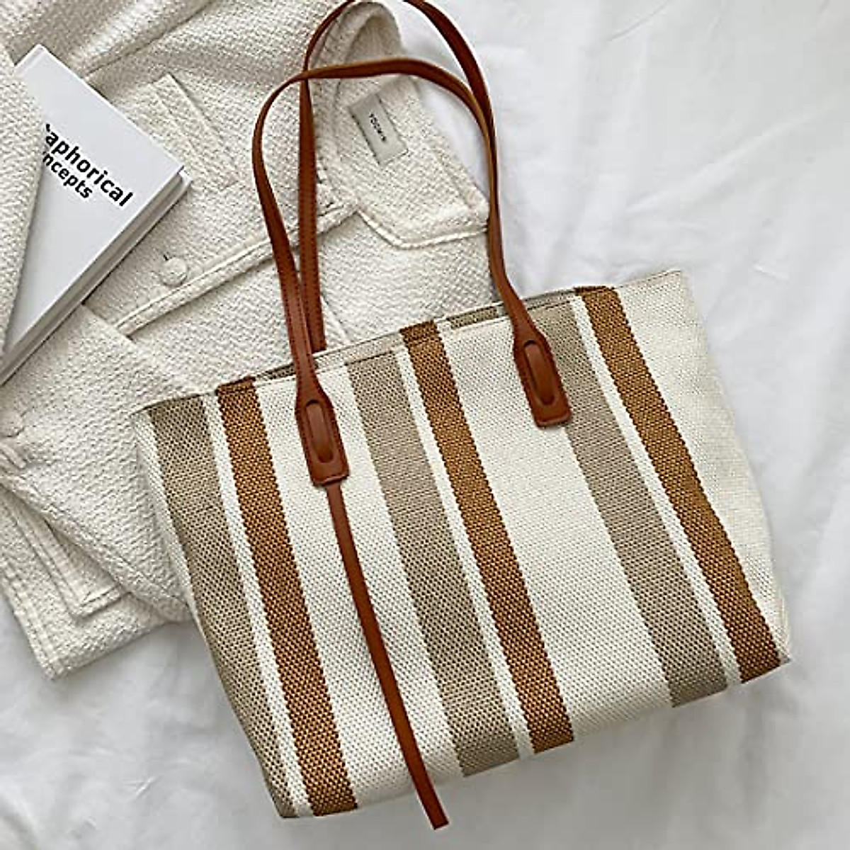 Aeegawoo Striped Tote Bag Aesthetic for Women Canvas Bag with Zipper