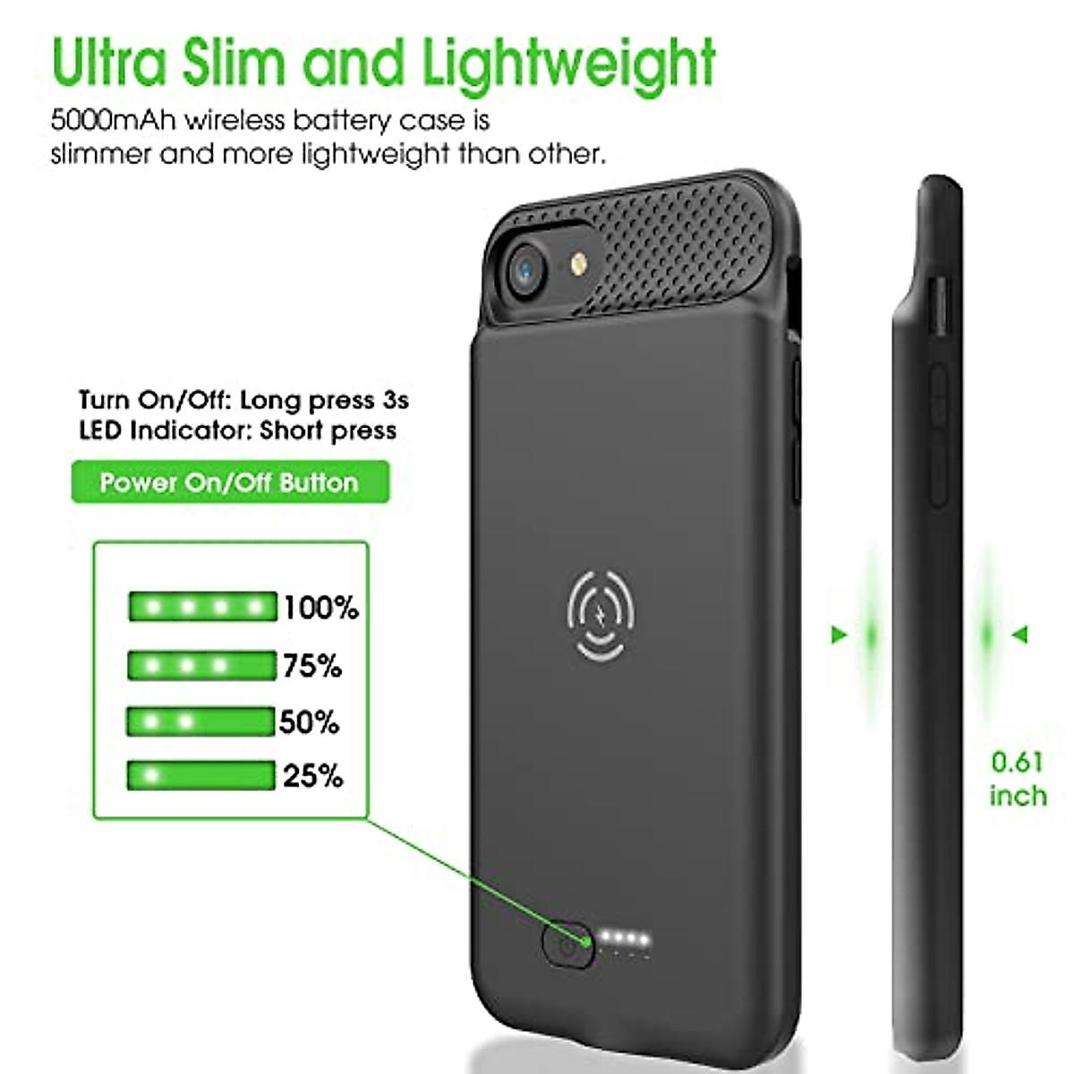 GIN FOXI Wireless Battery Case for iPhone 8/7/6s/6/SE 2020/SE 2022, Slim 5000mAh QI Wireless Charging Battery Case Protective Rechargeable Battery Charging Case for iPhone SE/8/7/6s/6-4.7"