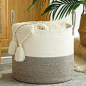 KAKAMAY Large Cotton Rope Blanket Basket (20"x13"),Woven Baby Laundry Hamper，Blanket Basket for Nursery, Laundry, Living Room, Pillows, Toys （White/Beige）