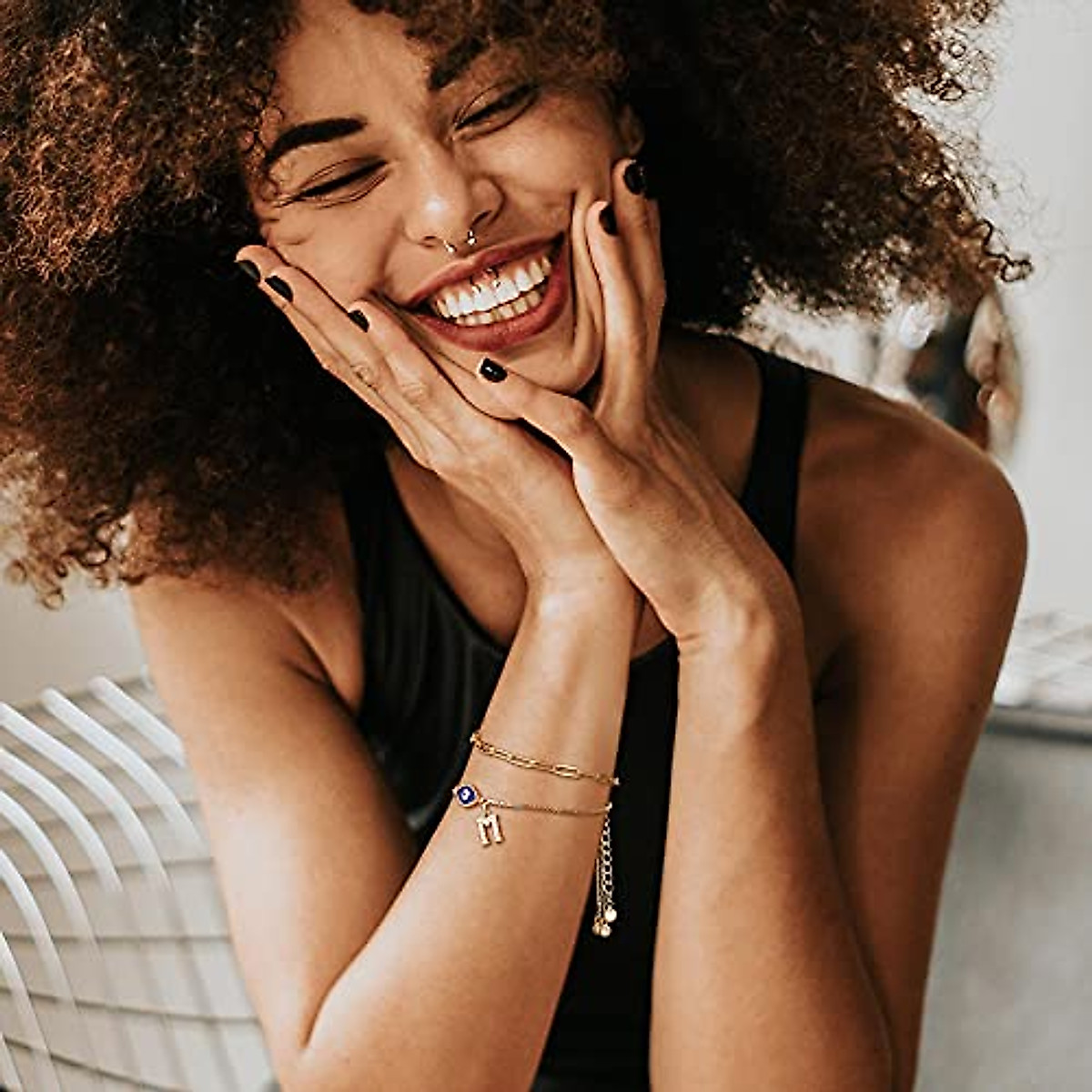 Gold Evil Eye Bracelets for Women, 14K Gold Plated Dainty Paperclip K Initial Bracelet Layering Protection Evil Eye Jewelry Layered Gold Evil Eye Bracelets for Womens Friendship Gifts Jewelry Set