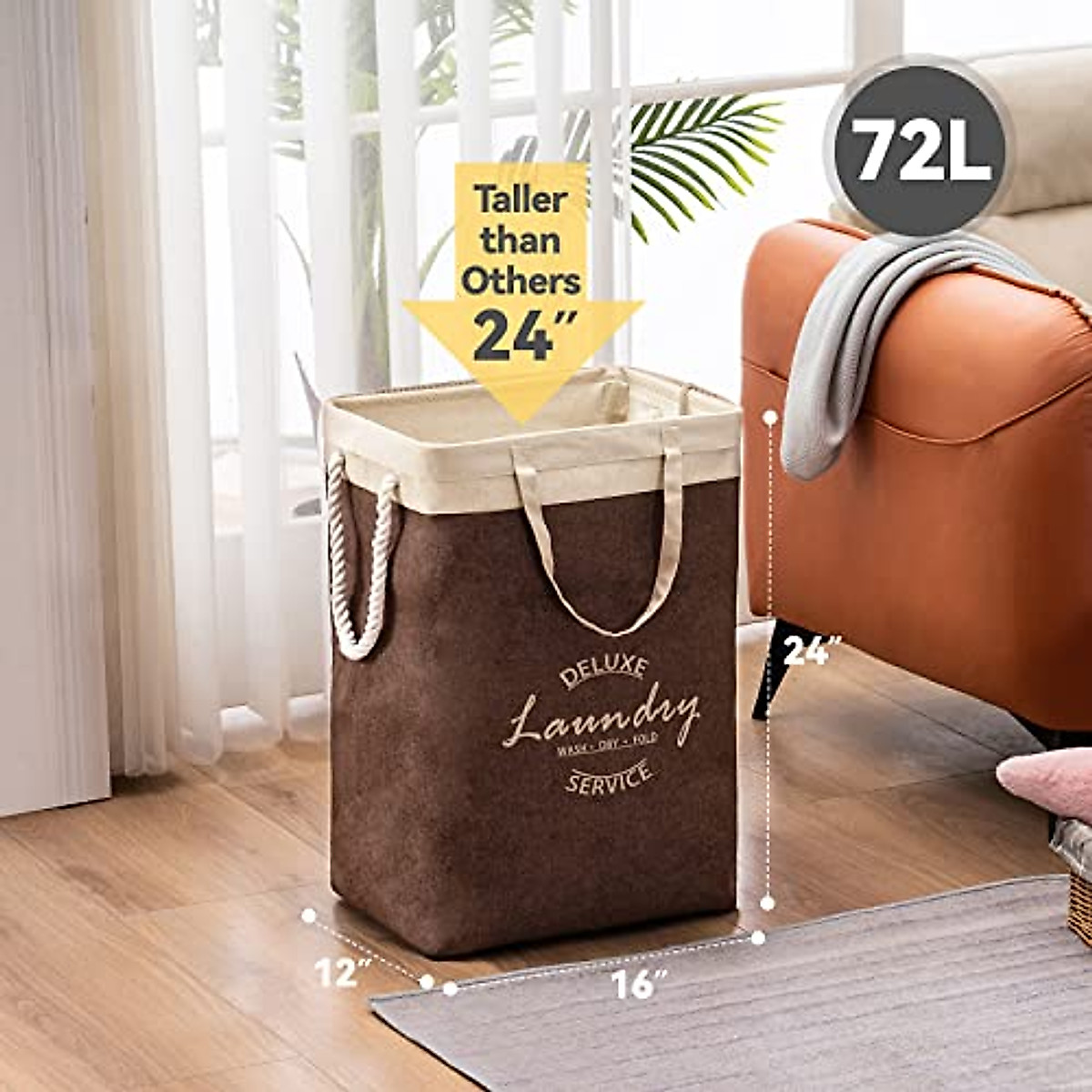 TECHMILLY 72L Large Laundry Hamper with Removable Bag, Collapsible Laundry Basket with Rope Handles, Dirty Clothes Hamper for Bedroom, Living Room, Clothes Toys Organizer, Brown