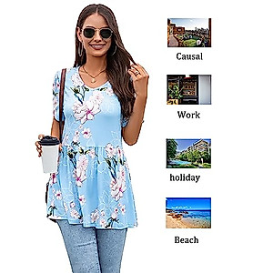 YVH Women's Tunic Tops for Summer Casual V-Neck Babydoll Shirts Short Sleeve Blouse, Navy Blue, XL
