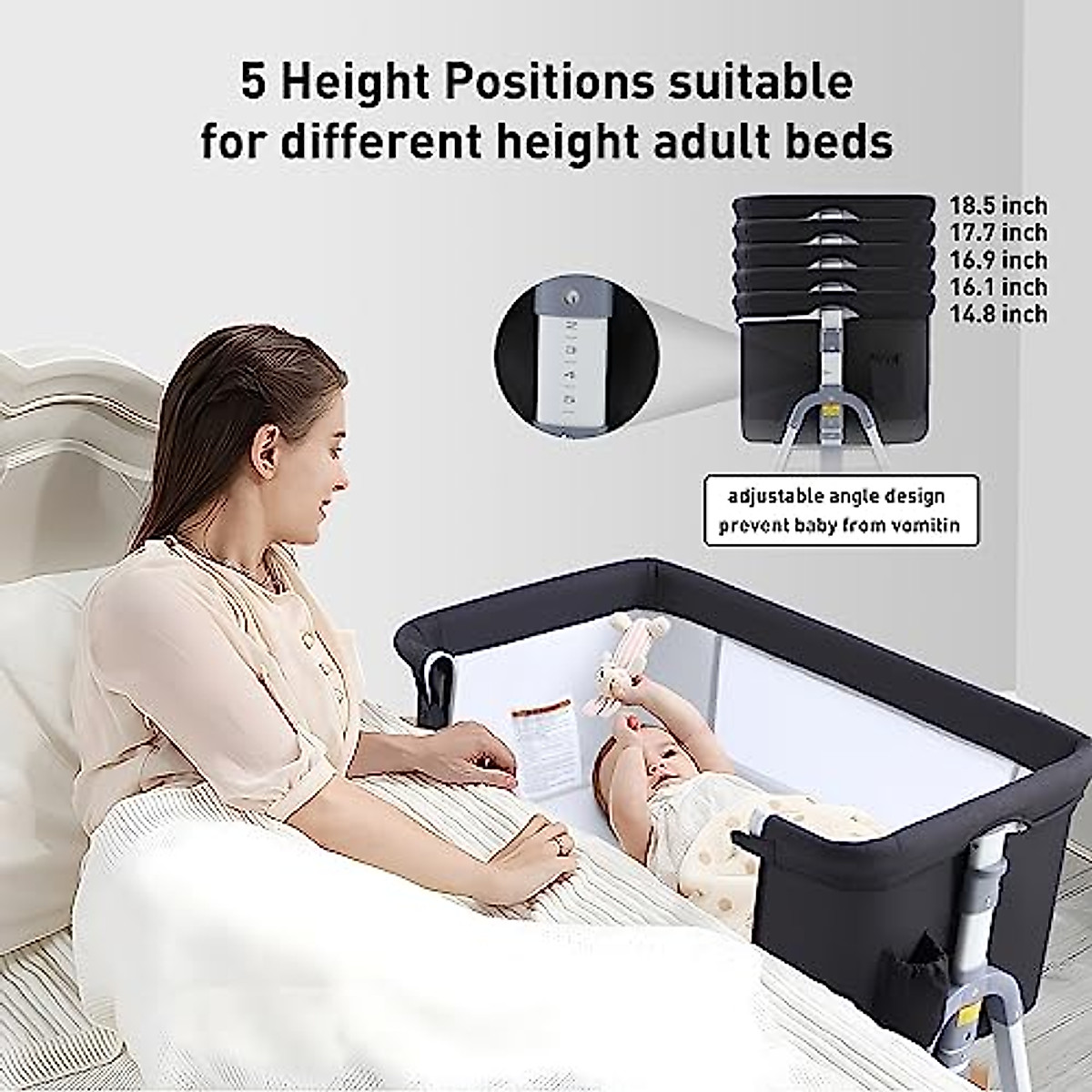Uuoeebb 4 in 1 Baby Bassinet Bedside Sleeper, Portable Baby Bassinet with Wheels, Baby Crib with Changing Station, Mattress Included and Storage, Foldable Travel Bassinet for Baby/Infant/Newborn-Black